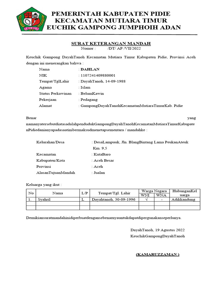 SURAT KETERANGAN MANDAH | PDF