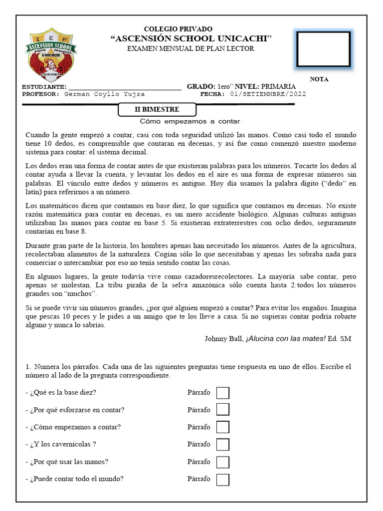 Examen Plan Lector Primaria | PDF
