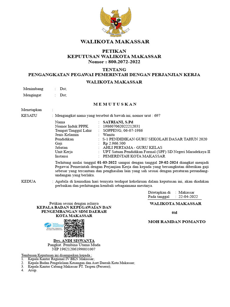 SK Pengangkatan PPPK Kota Makassar | PDF