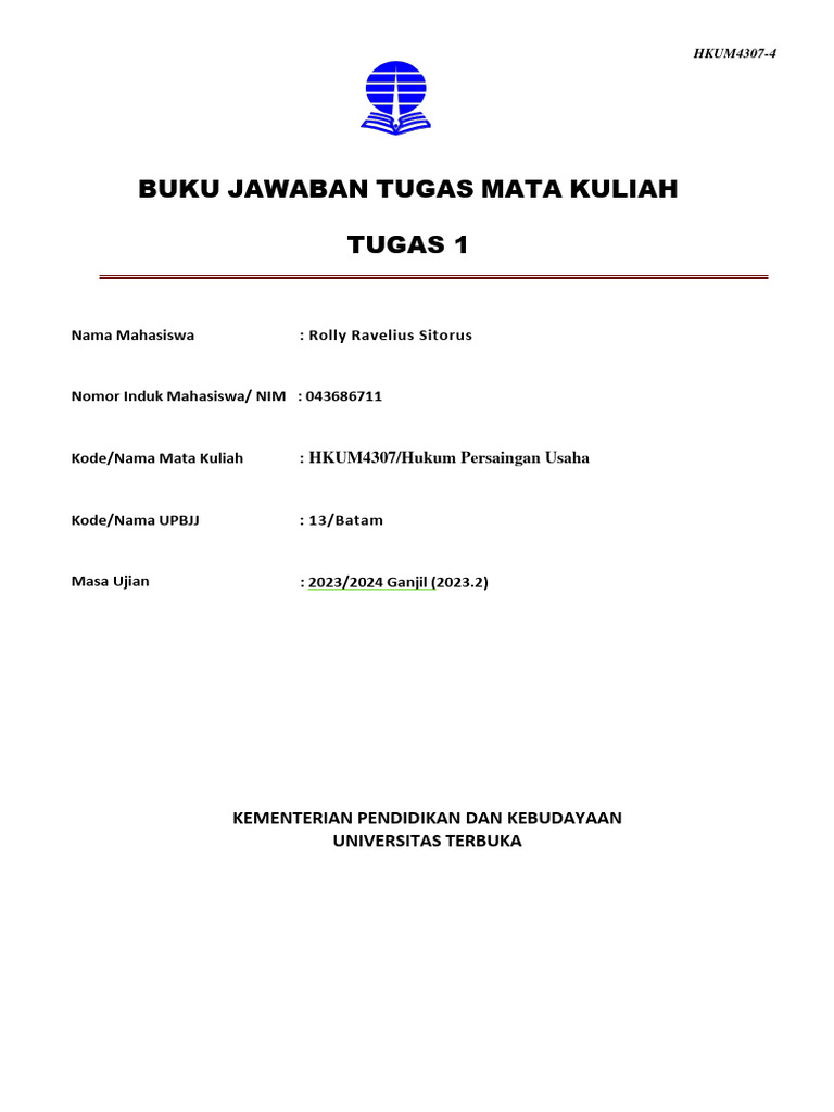 Soal Hkum4307 tmk1 4 | PDF Soal Hkum4307 tmk1 4 | PDF