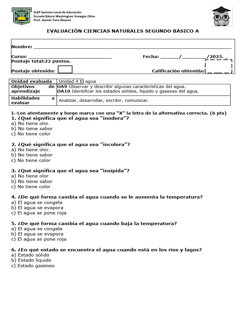 Prueba Ciencias Naturales 2do Unidad 4 El Agua | PDF