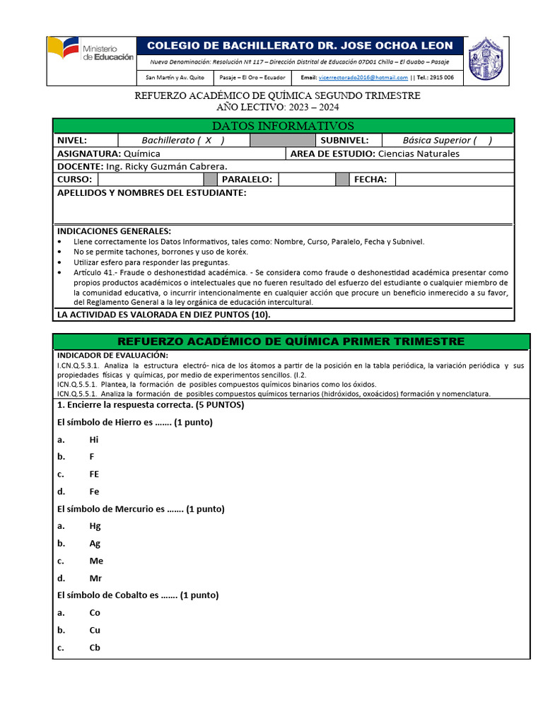 Refuerzo Académico Química 2T 2023-2024 | PDF | Hidróxido | Calcio