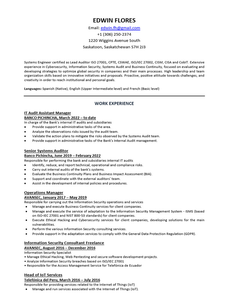 CV - Edwin Flores - EN | PDF | Information Security | Computer Security