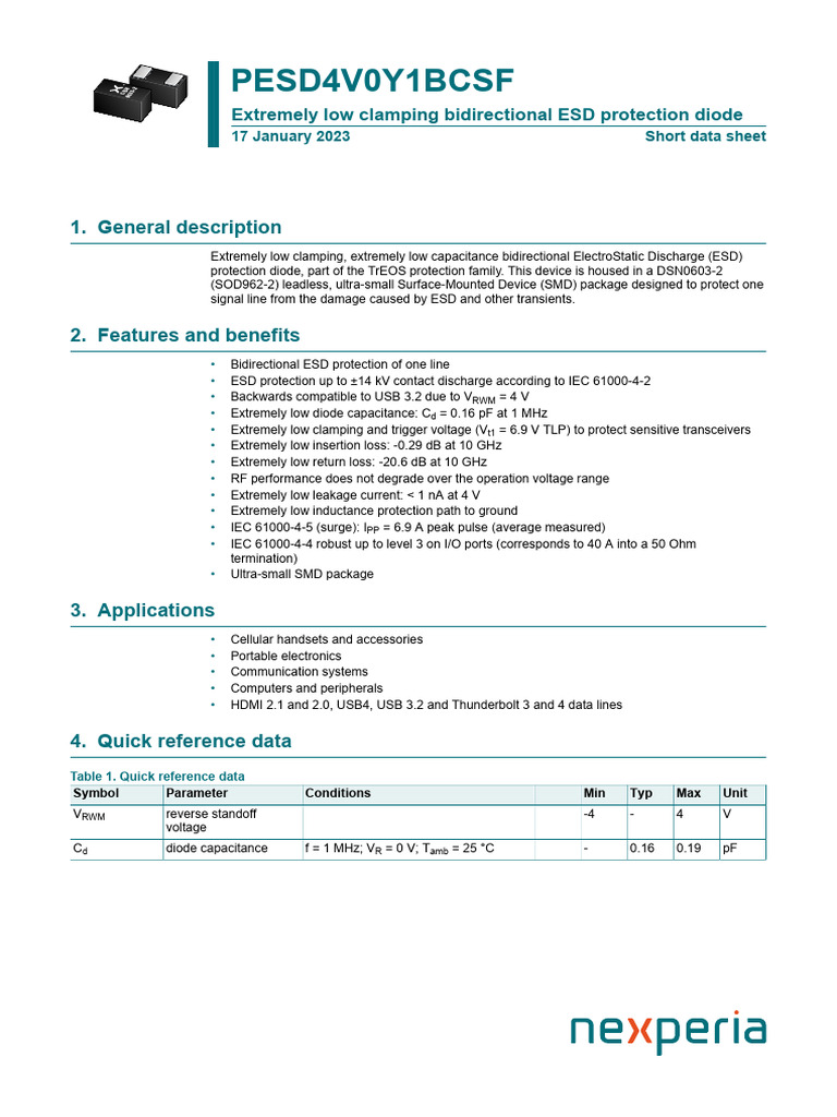 Pesd4v0y1bcsf Sds | PDF | Electrostatic Discharge | Diode