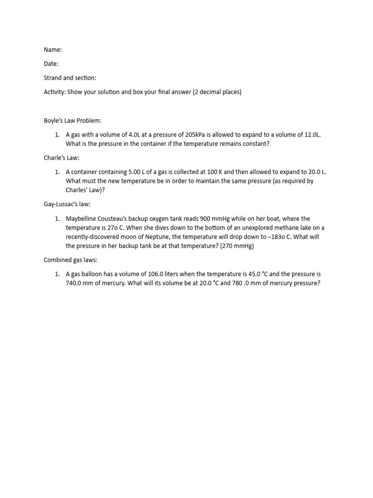 Gas Laws Activity | PDF