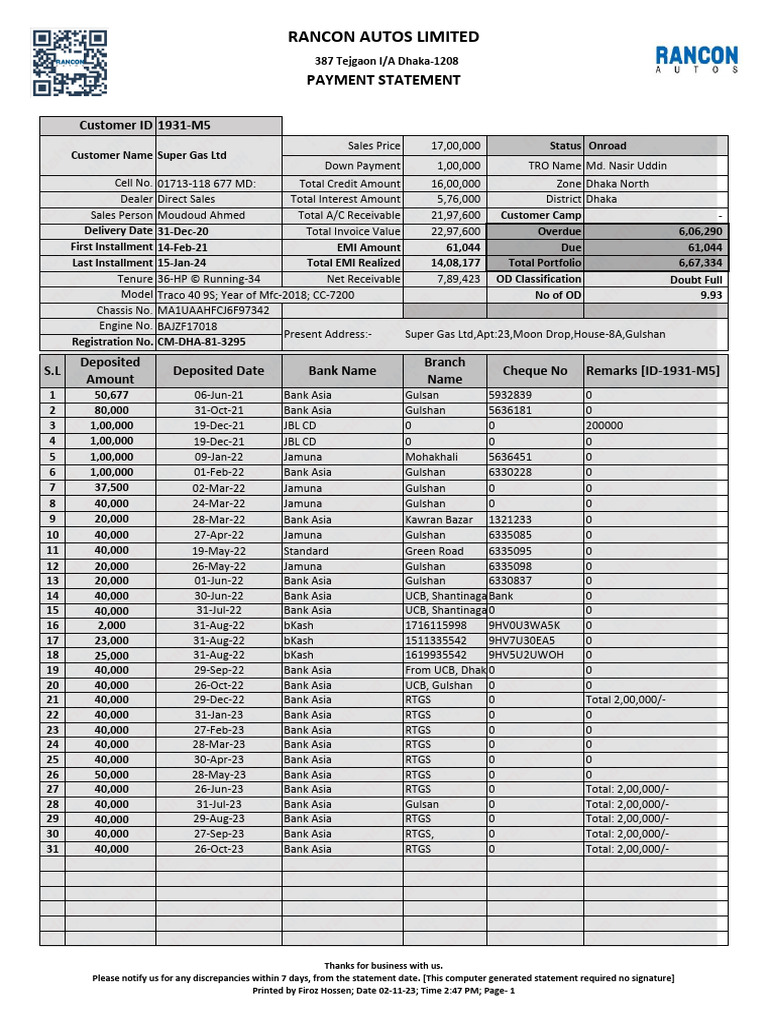 Payment Statement for Bajaj Finserv EMI | PDF | Money | Financial Services