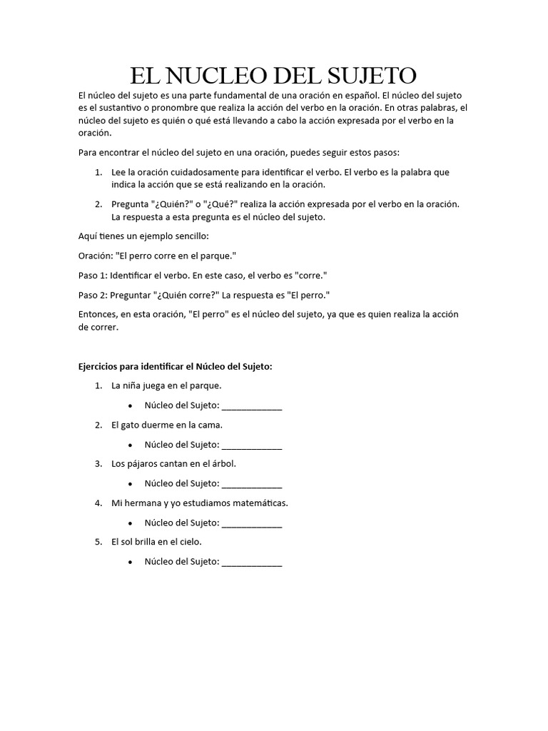 El Nucleo Del Sujeto | PDF | Asunto (gramática) | Predicado (Gramática)
