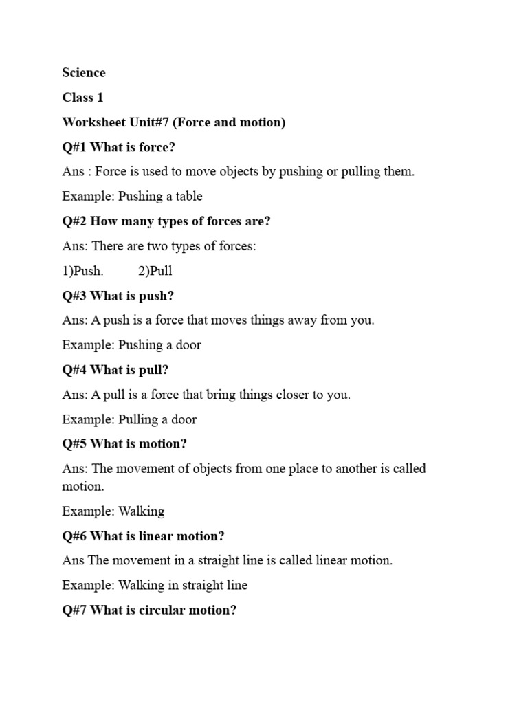 Force and Motion Worksheet for Grade 7 | PDF