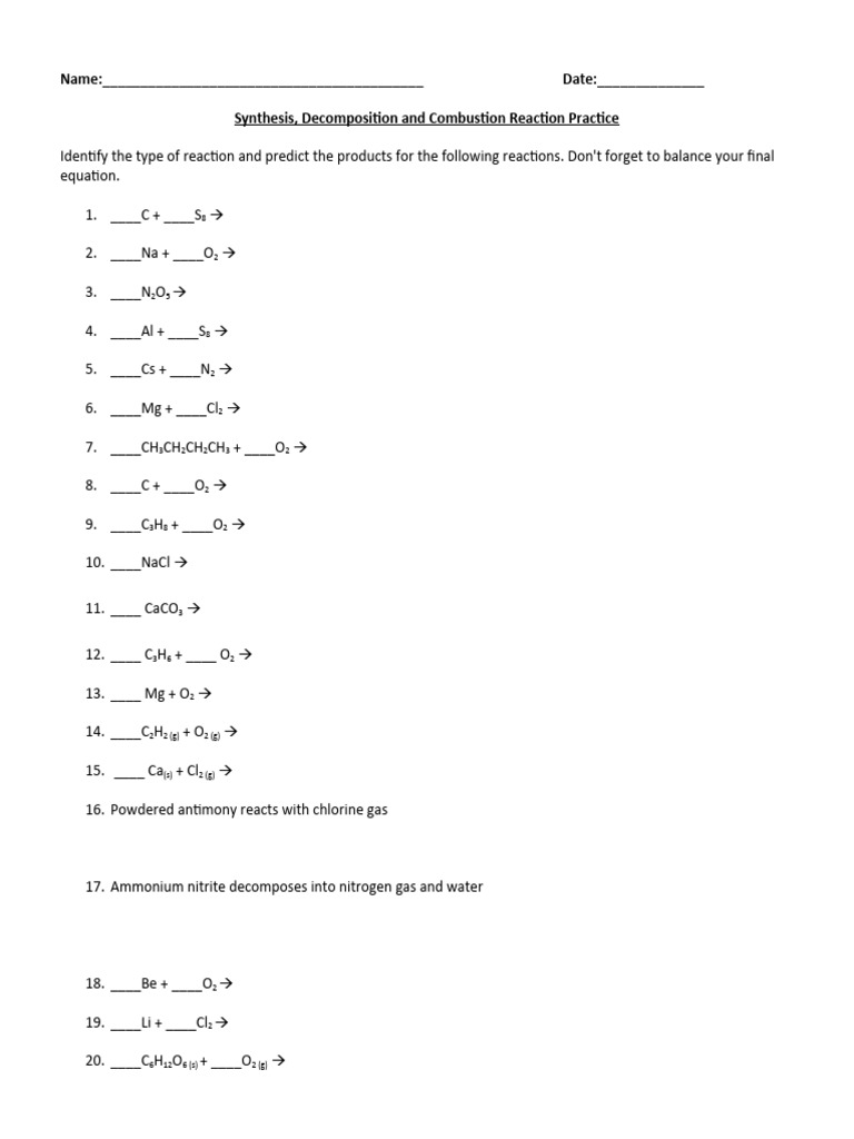 Mixed Types of Reactions Practice Worksheet | PDF | Science & Mathematics