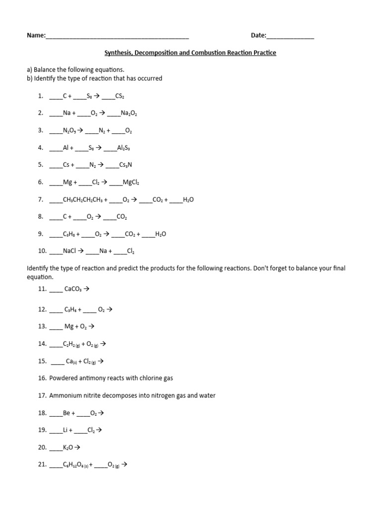 Reaction Balancing and Identification Practice | PDF | Chemical ...