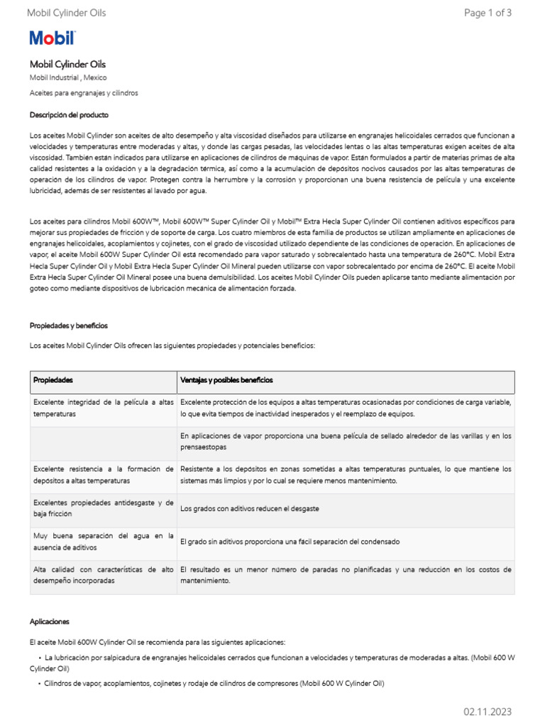 Ft-Mobil 600 W Super Cylinder Oil | PDF | Engranaje | Rodamiento (Mecánico)