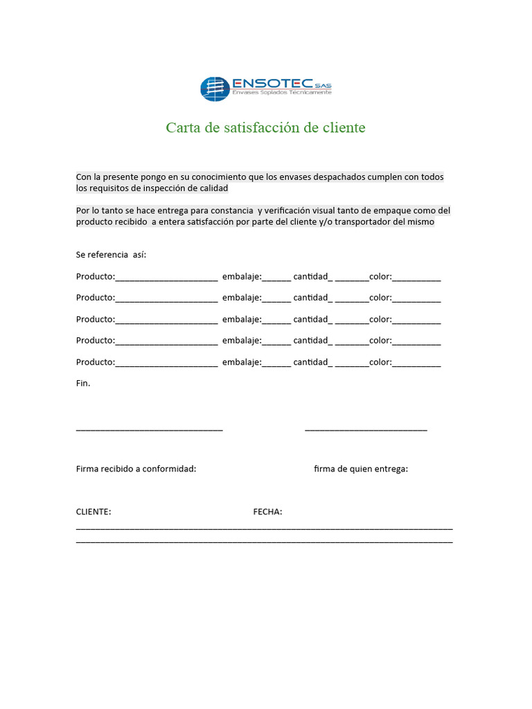 Carta de Satisfacción de Cliente | PDF