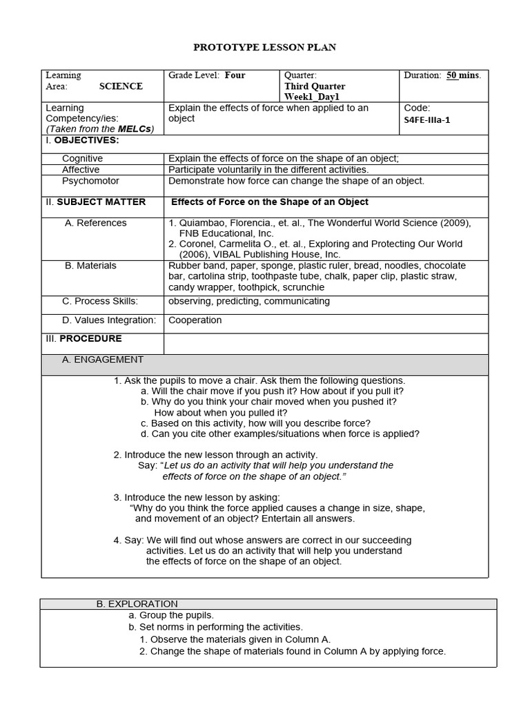 Lesson Plan - Effects of Force On The Shape of An Object | PDF