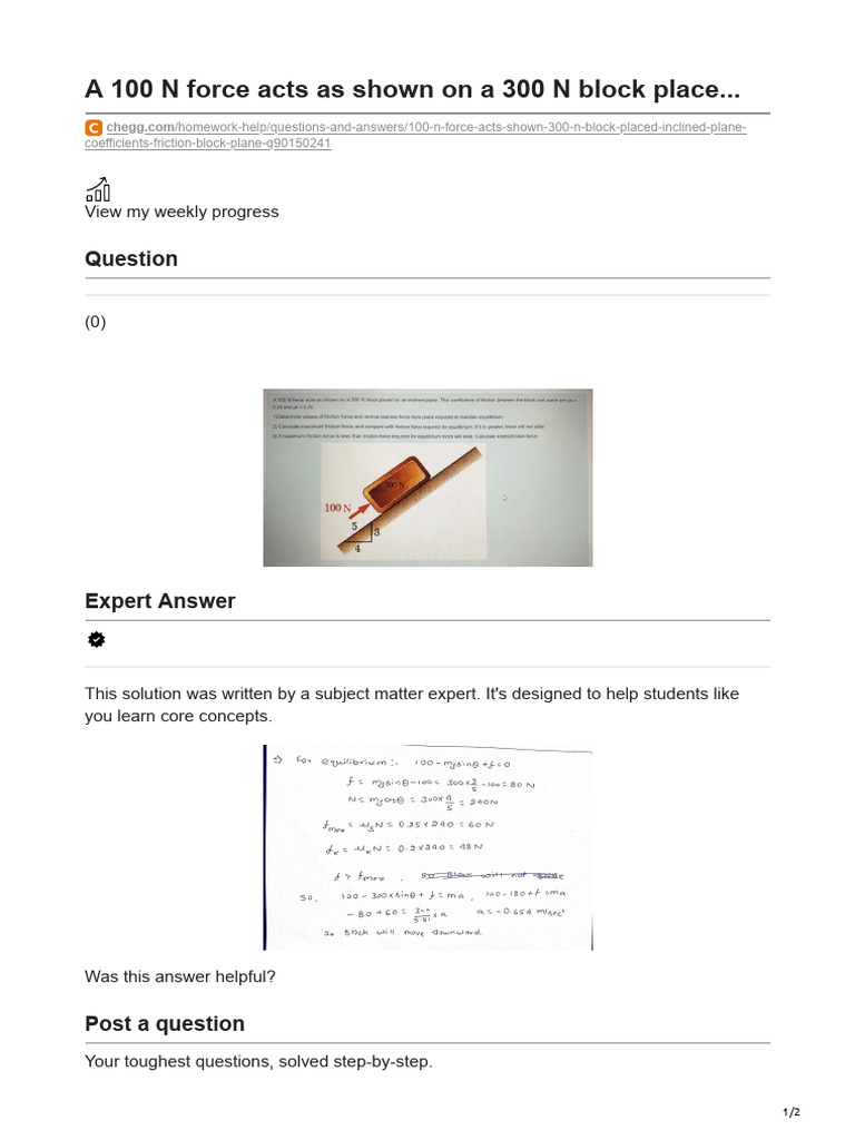 A 100 N Force Acts As Shown On A 300 N Block Place | PDF | Teaching ...