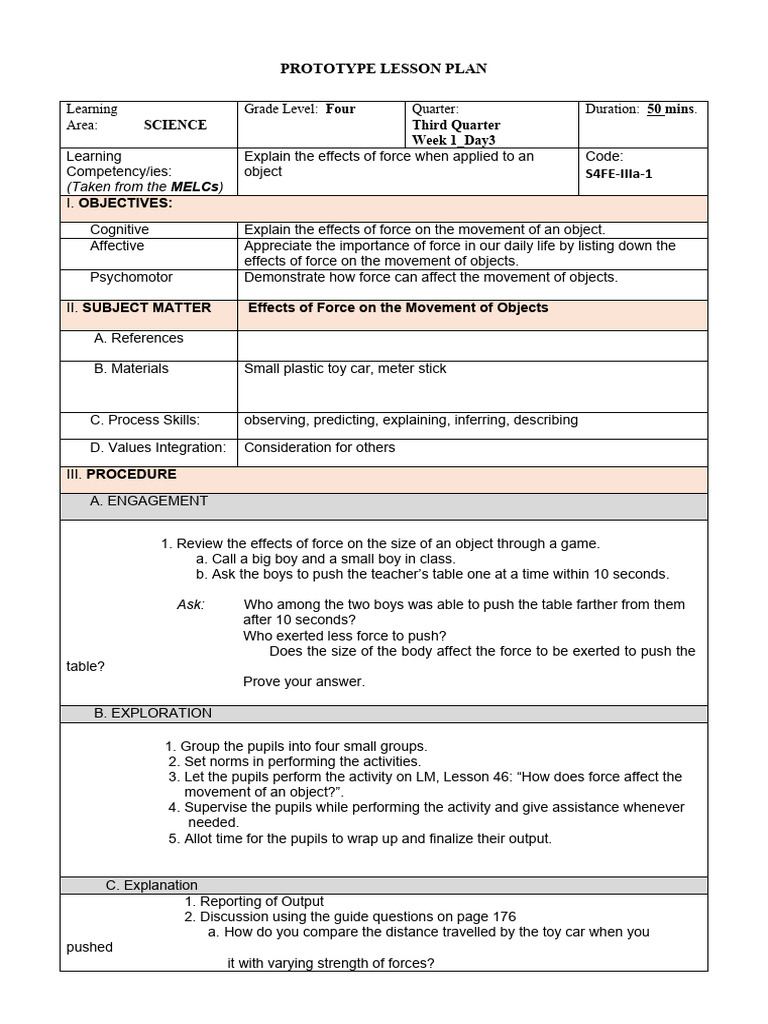 Lesson Plan-Effects of Force On The Movement of Objects | PDF | Force ...