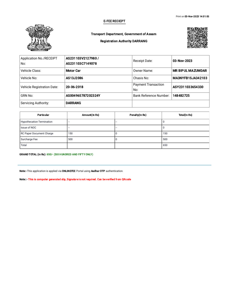 Assam Vehicle Registration Fee Receipt | PDF | Receipt | Fee
