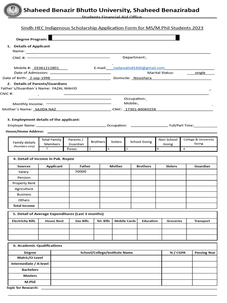 Application Form Sindh HEC Scholarship 2023 | PDF
