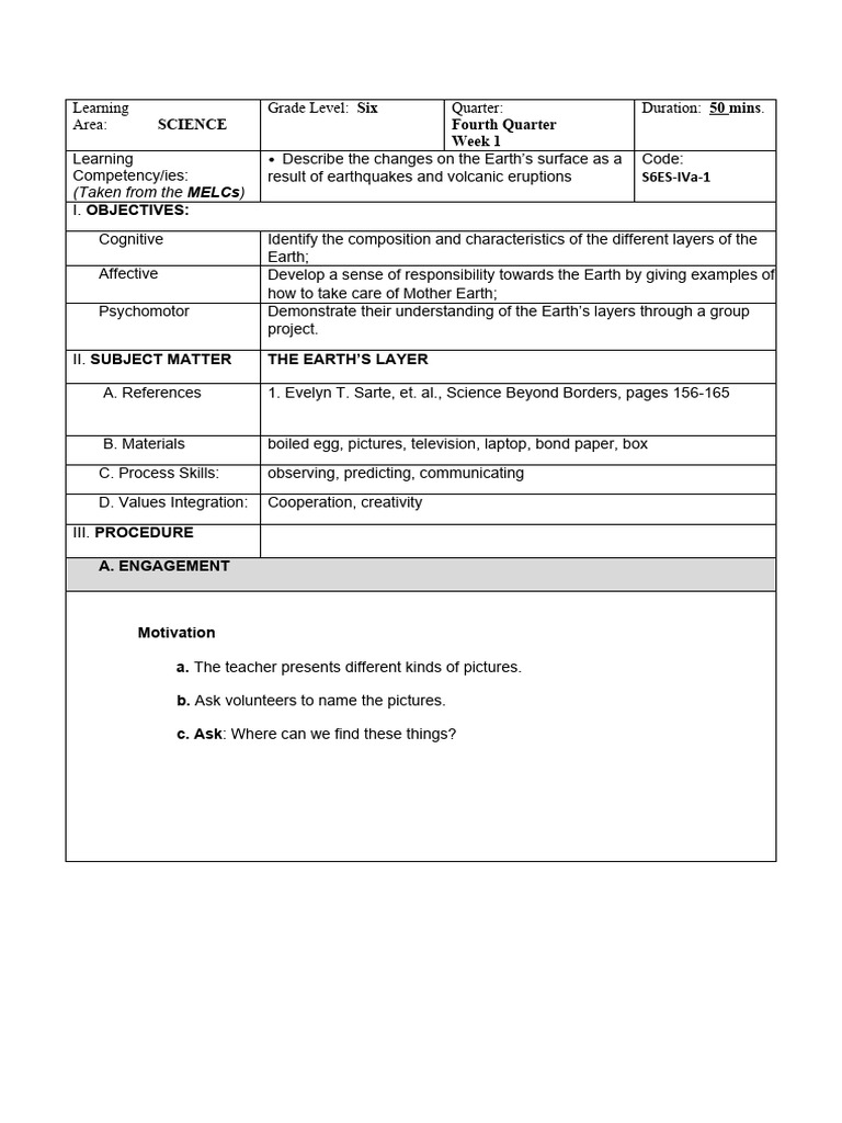 Lesson Plan - The Earth's Layer | PDF | Cognitive Science | Geology
