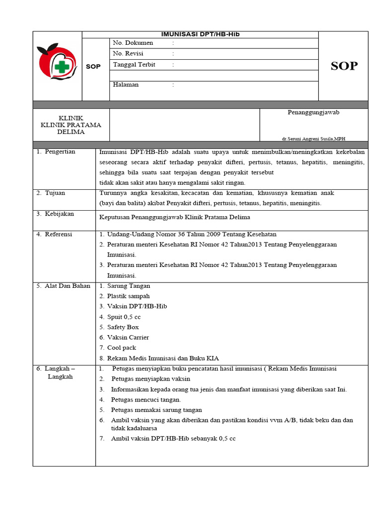 SOP Pemberian Imunisasi DPT | PDF