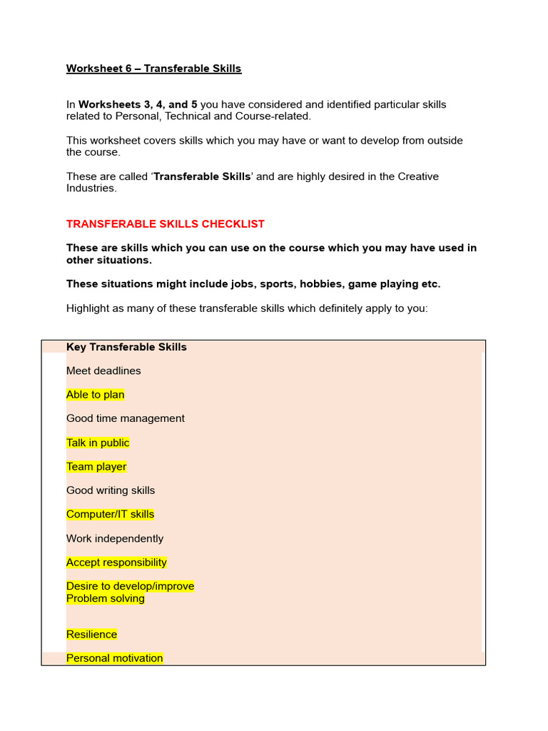 Transferable Skills Worksheet Guide | PDF | Creativity | Skill