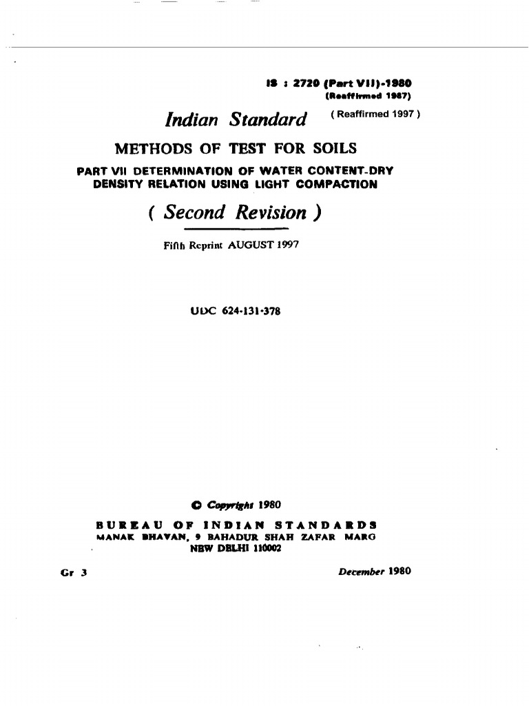 IS 2720-PART 7-1980 Deter of Water Conent Dry Density | PDF