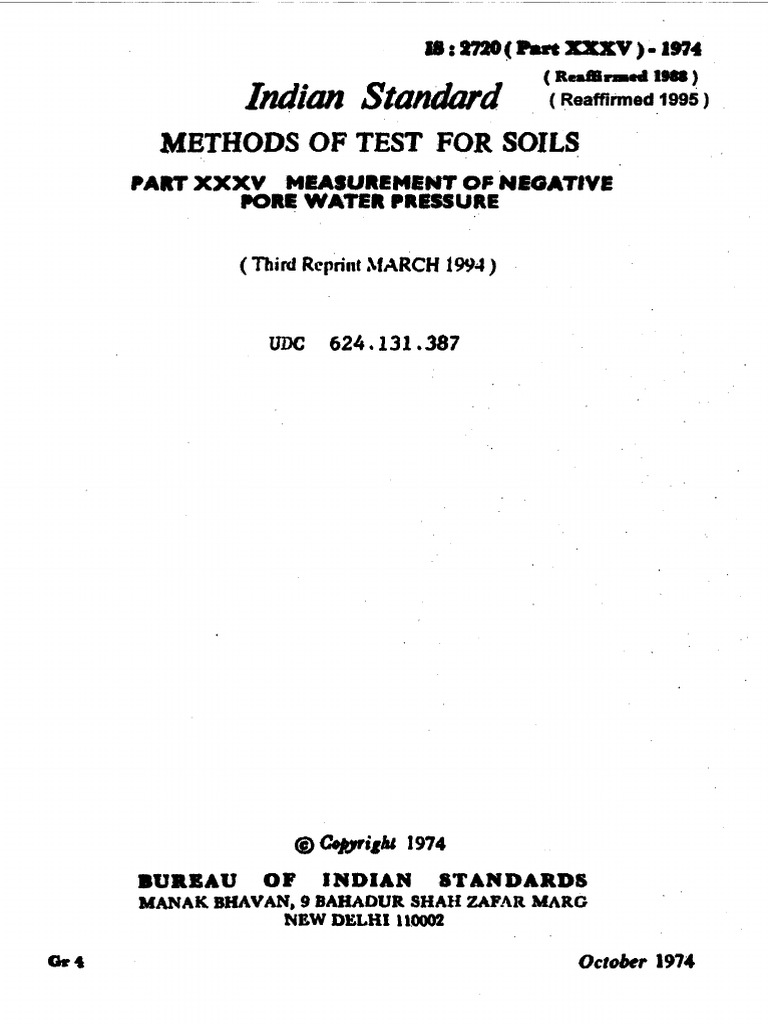 IS 2720-PART 35-1974 Measurement of Negative Por Water Pressure | PDF