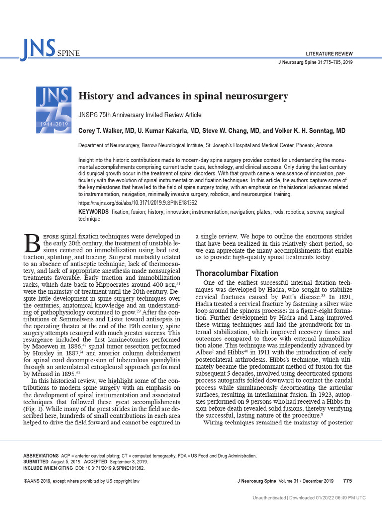 (Journal of Neurosurgery - Spine) History and Advances in Spinal ...