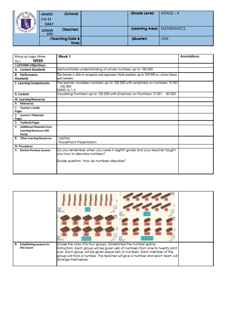 Lesson Plan Grade 4 Math - Visualizing Numbers Up To 100 000 With ...