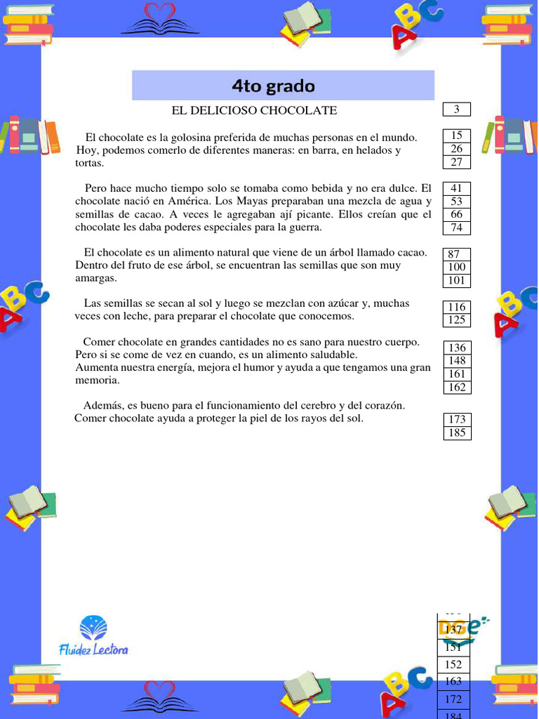 FLUIDEZ Lectura Individual 4to Grado El Delicioso Chocolate | PDF