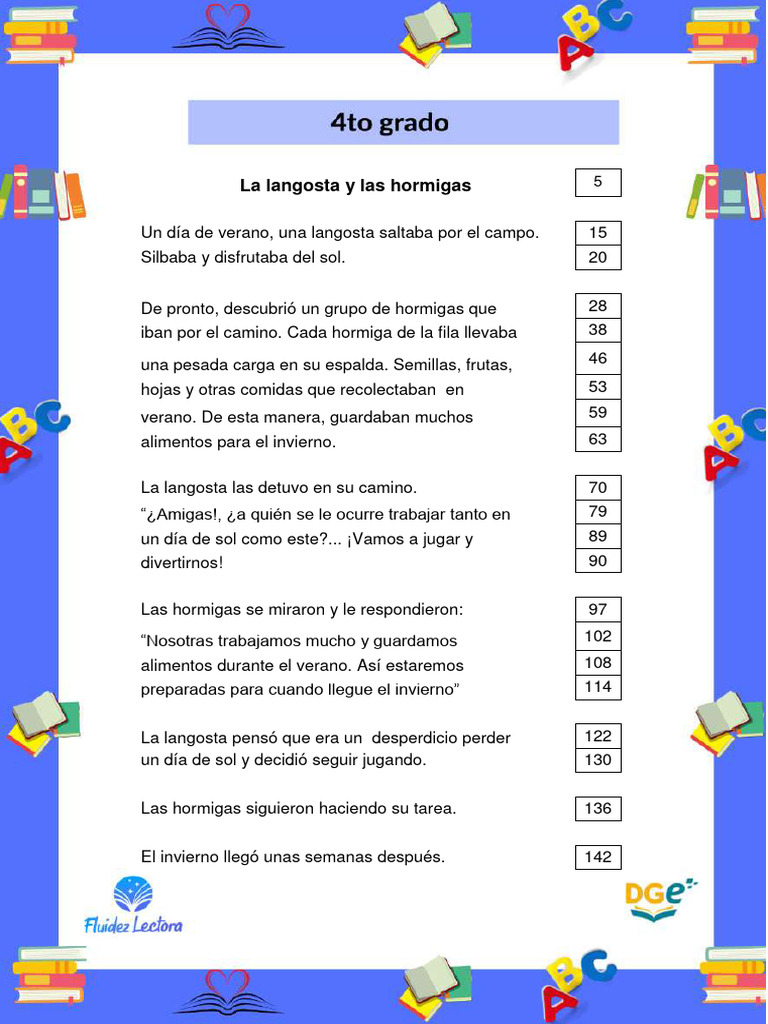 FLUIDEZ Lectura Individual 4to Grado La Langosta y Las Hormigas | PDF