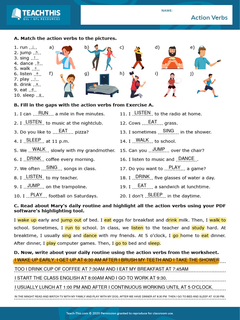 Action Verbs Interactive Worksheet | PDF