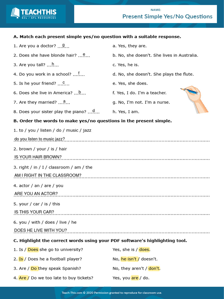 Present Simple Yes No Questions Interactive Worksheet | PDF