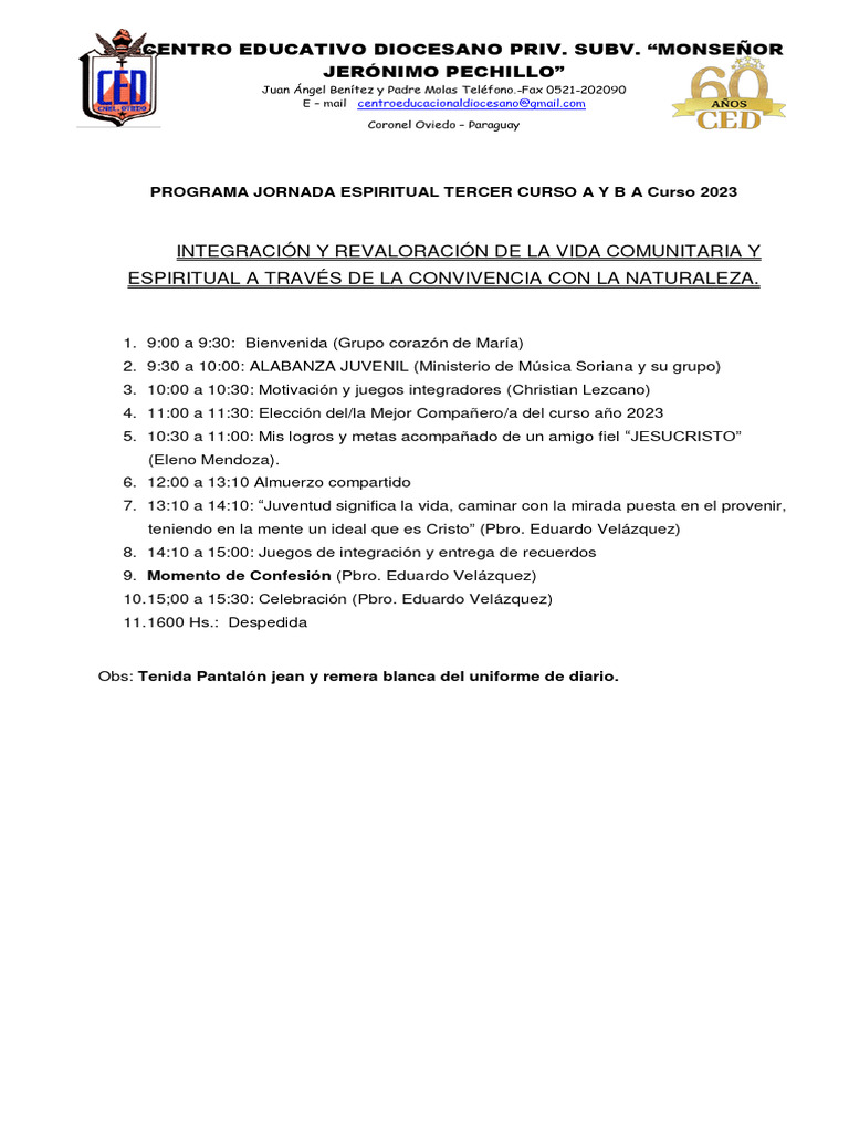 Programa Jornada Espiritual 3° Curso 2023 | PDF