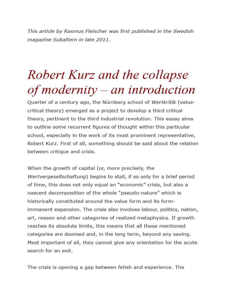 Robert Kurz and The Collapse of Modernit | PDF | Critical Theory ...