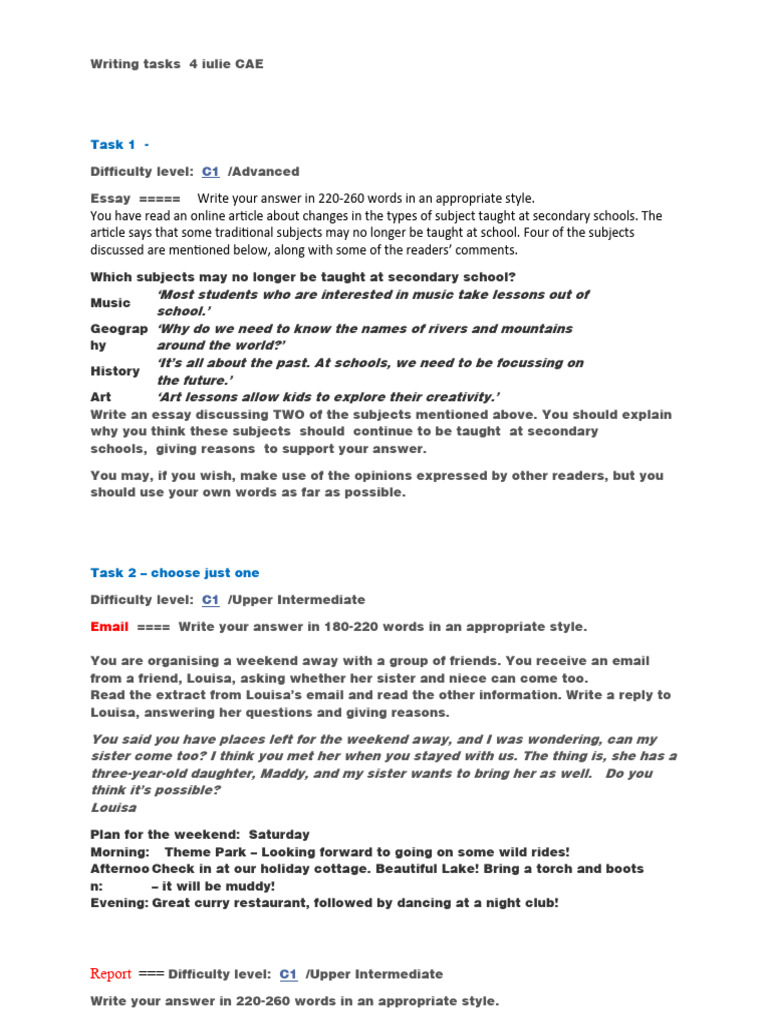 CAE Writing Tasks: Essays, Emails, Reports & More | PDF | Career ...