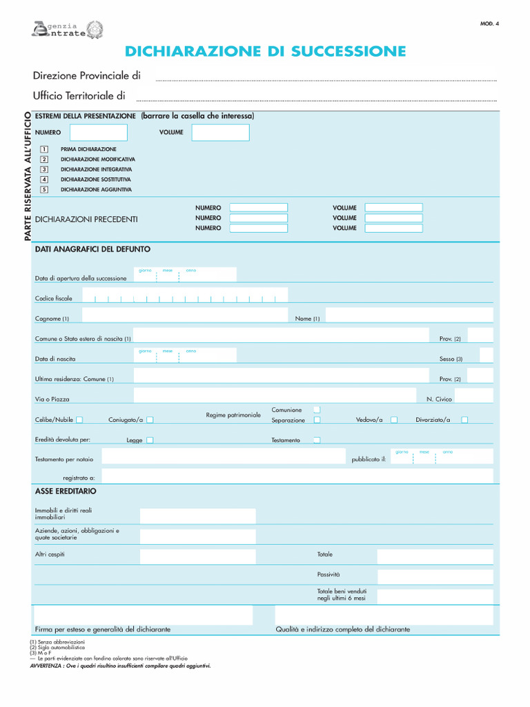 Modello4 Per Successione Cartacea Editabile | PDF
