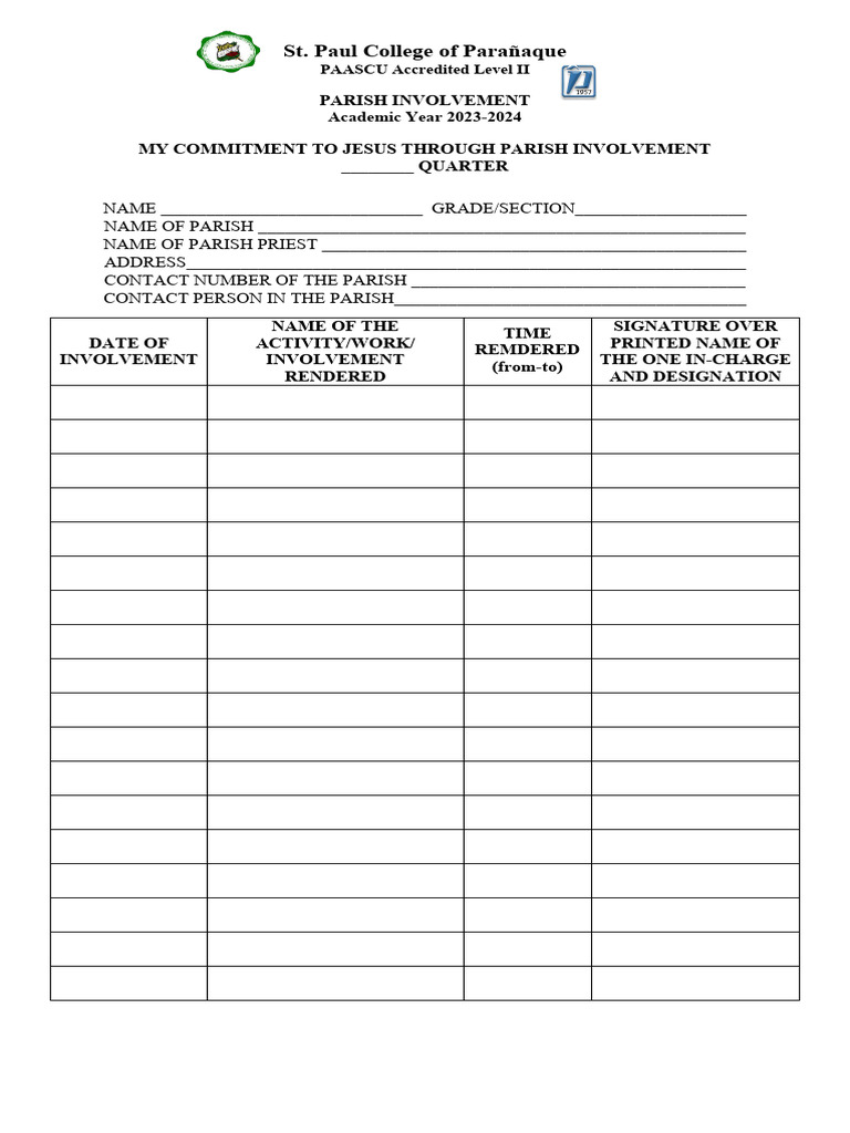 Parish Involvement Commitment Form | PDF