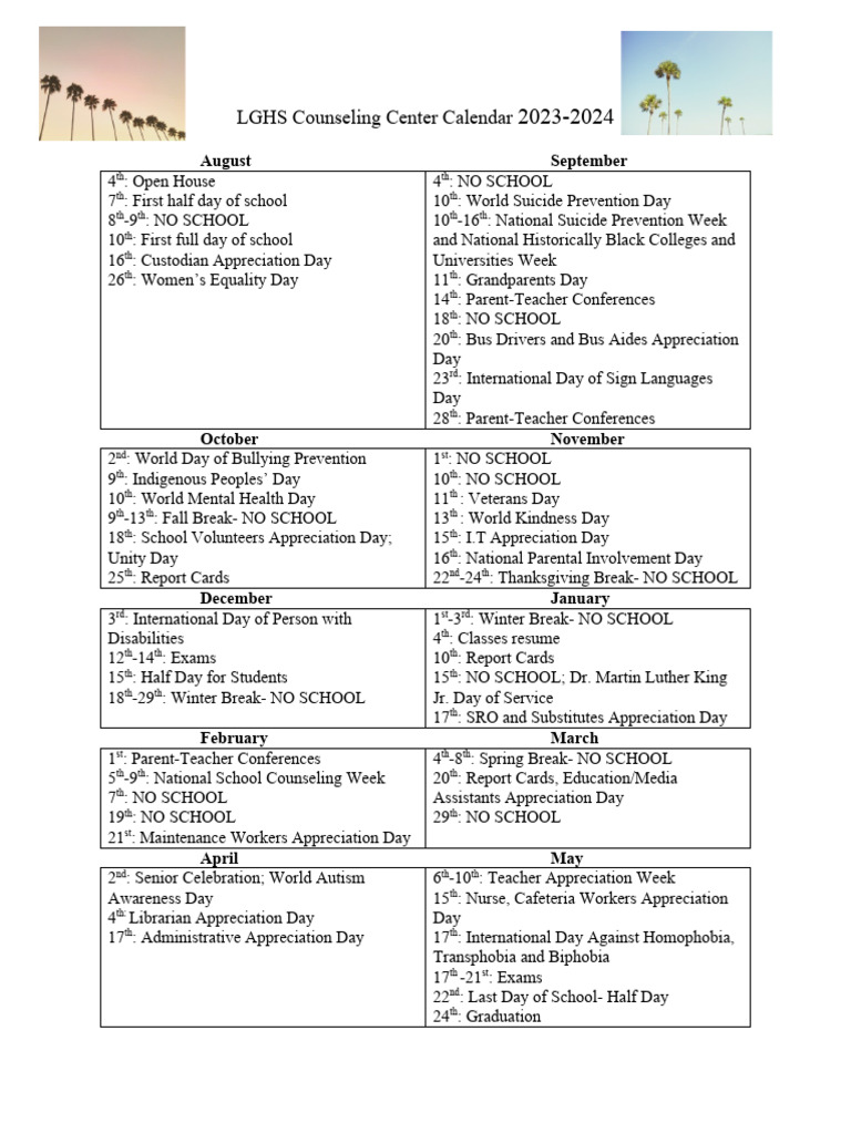 Lghs Counseling Center Calendar 2023 | PDF