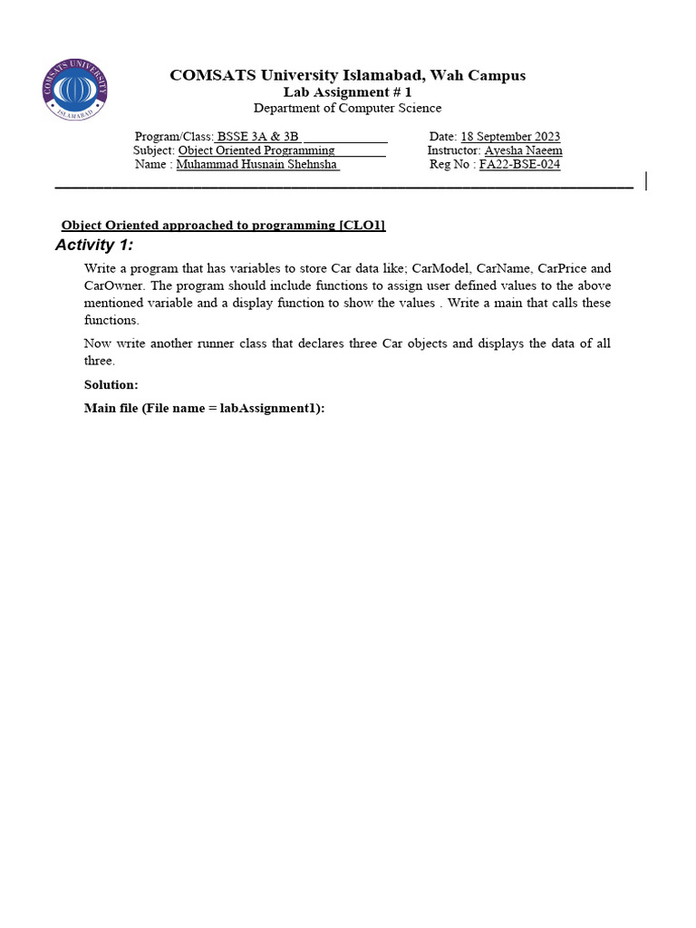 LabAssignment#1 (HUSNAIN) | PDF | Object Oriented Programming | Computer Program