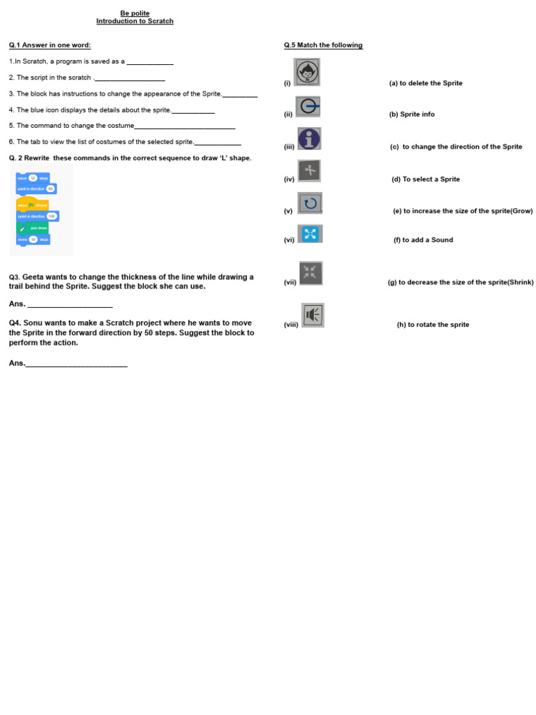 Scratch Programming Worksheet for Grade 4 | PDF