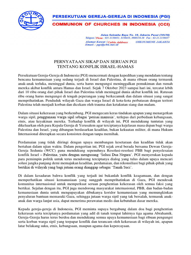 KONFLIK ISRAEL-HAMAS - Pernyataan Sikap Dan Seruan PGI | PDF
