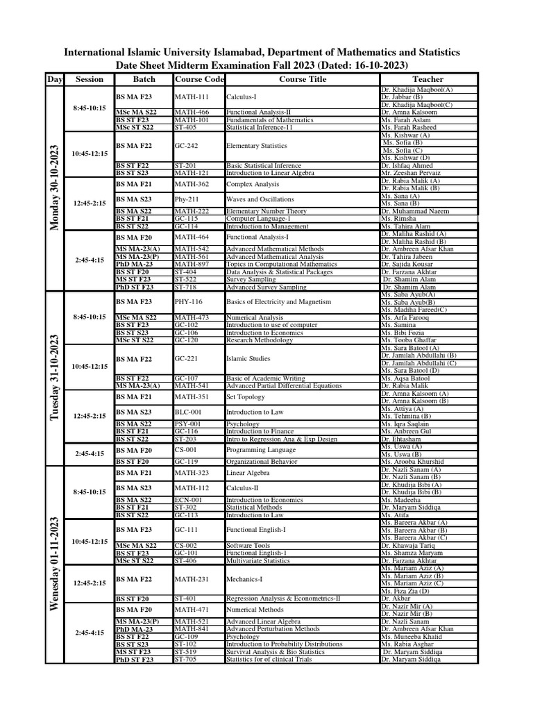 Midterm Date Sheet (V2) | PDF | Statistics | Mathematics Midterm Date Sheet (V2) | PDF | Statistics | Mathematics