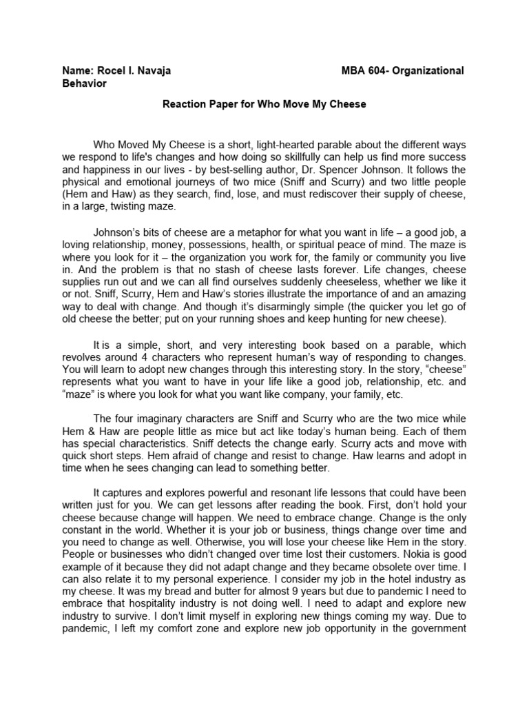 ReactionPaper - Who Move My Cheese | PDF | Psychological Concepts ...