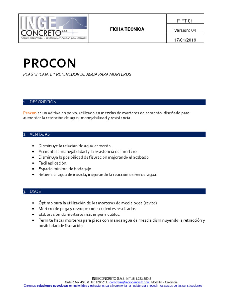 Ficha Técnica Procon | PDF | Mortero (Albañilería) | Cemento