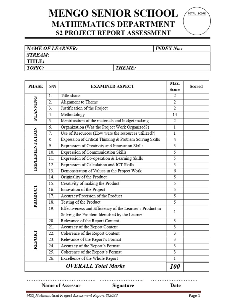 s.2 Project Assessment Form | PDF | Creativity | Learning