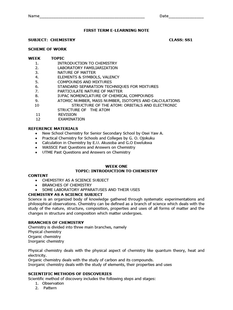 1ST Term S1 Chemistry | PDF | Chemical Compounds | Chemical Elements