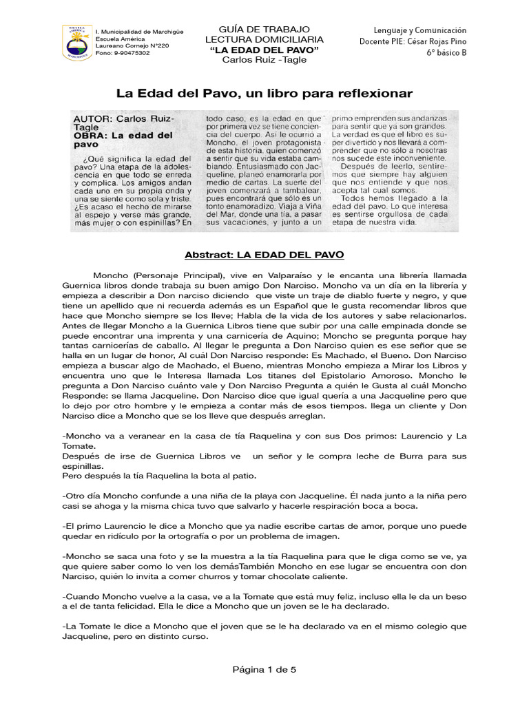 Guía de Lectura: "La Edad del Pavo" | PDF