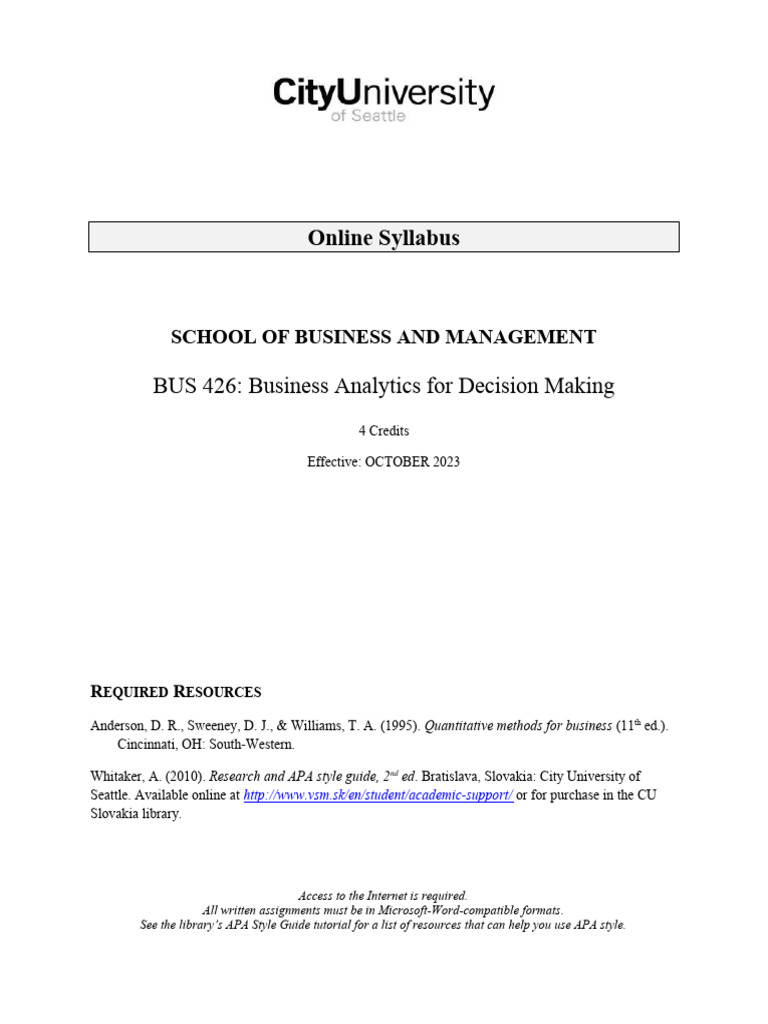 BUS426 - Syllabus | PDF | Analytics | Predictive Analytics