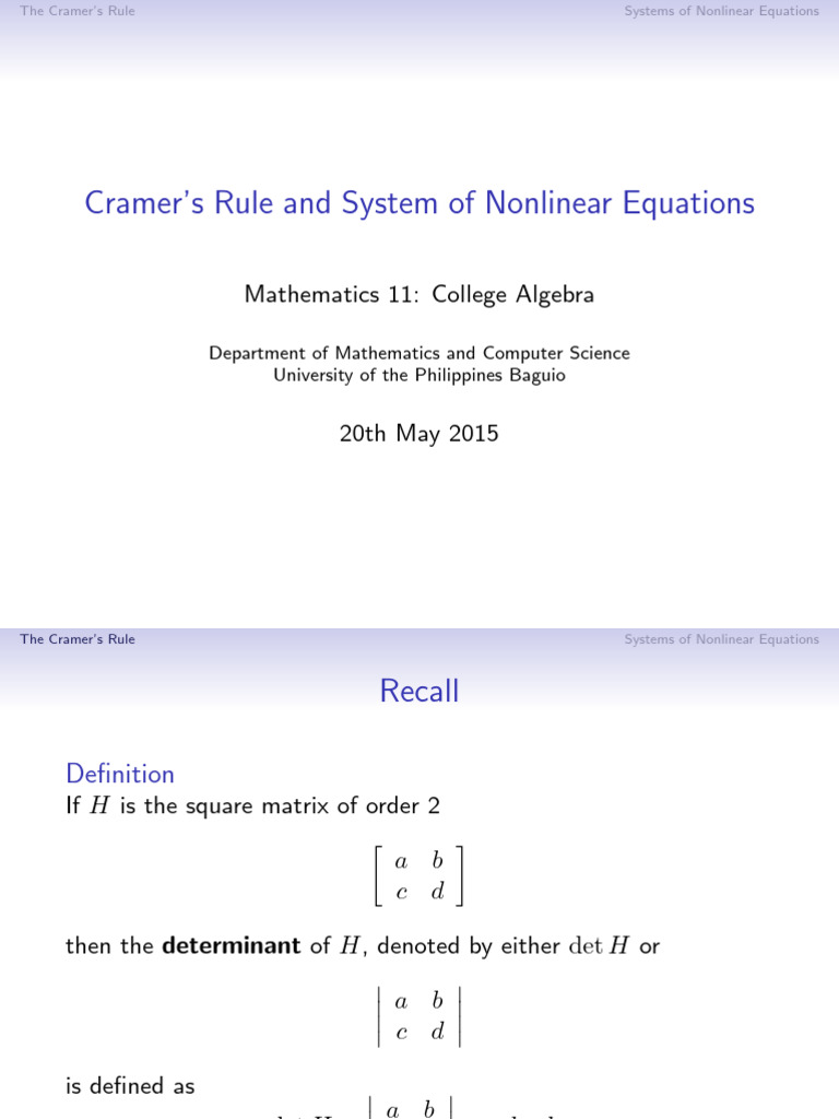 Cramers Rule and System of Nonlinear Equations | PDF