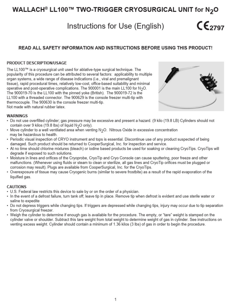 WALLACH LL100 TWO TRIGGER CRYOSURGICAL UNIT For N2O Instructions For ...